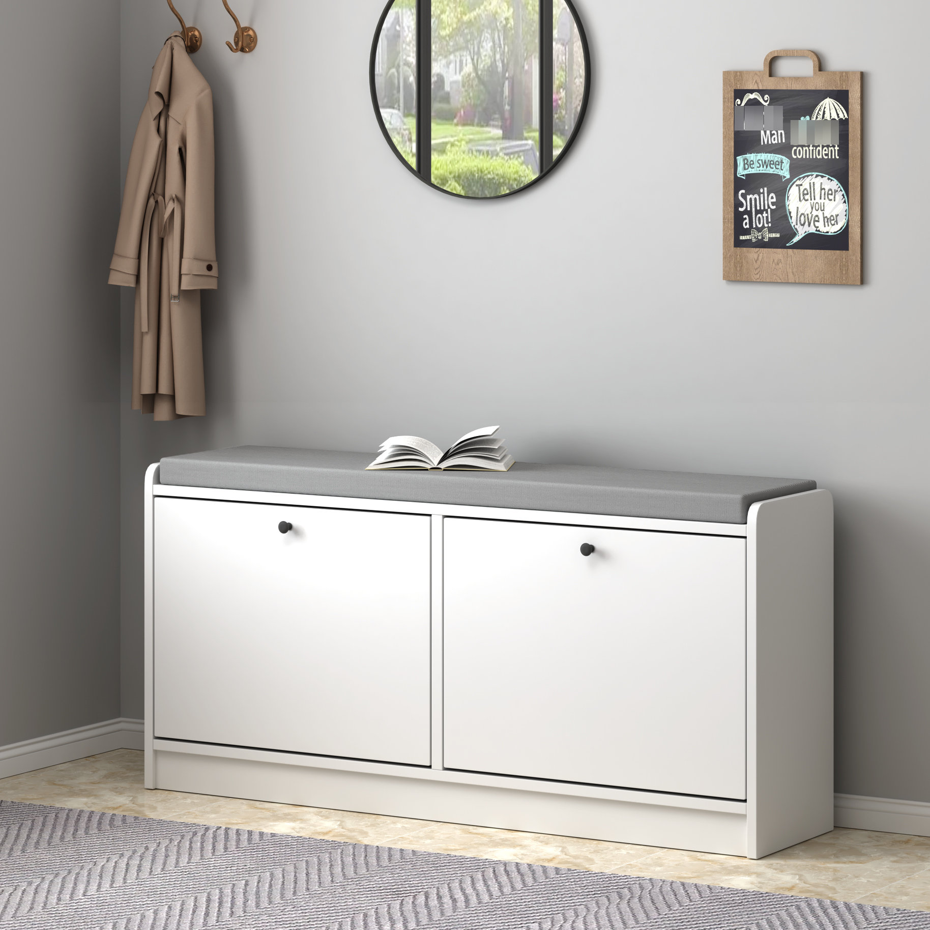 Ebern Designs Comprehensive Shoe Storage Bench: White , Cushioned, Adjustable Shelves, Holds 10 ...