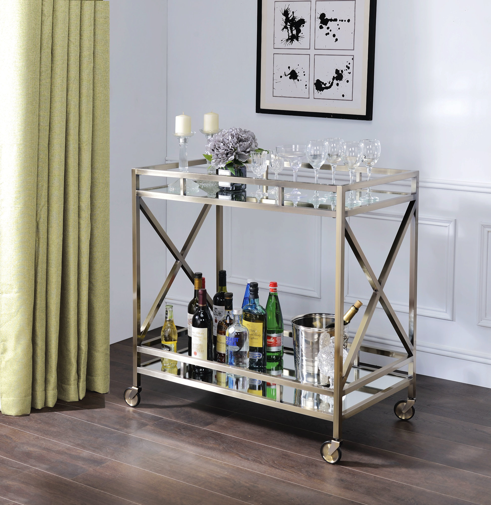 Delight Glass Bar Cart with Glass Top,Island with Wheels | Wayfair