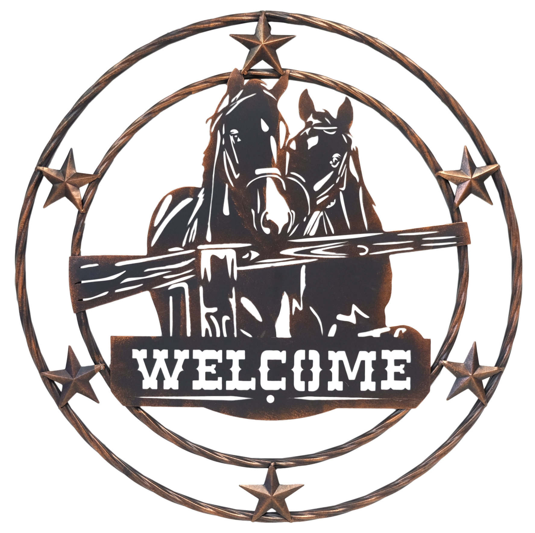 Union Rustic Metal Brown Western Star Horses with Fence Welcome Circle ...