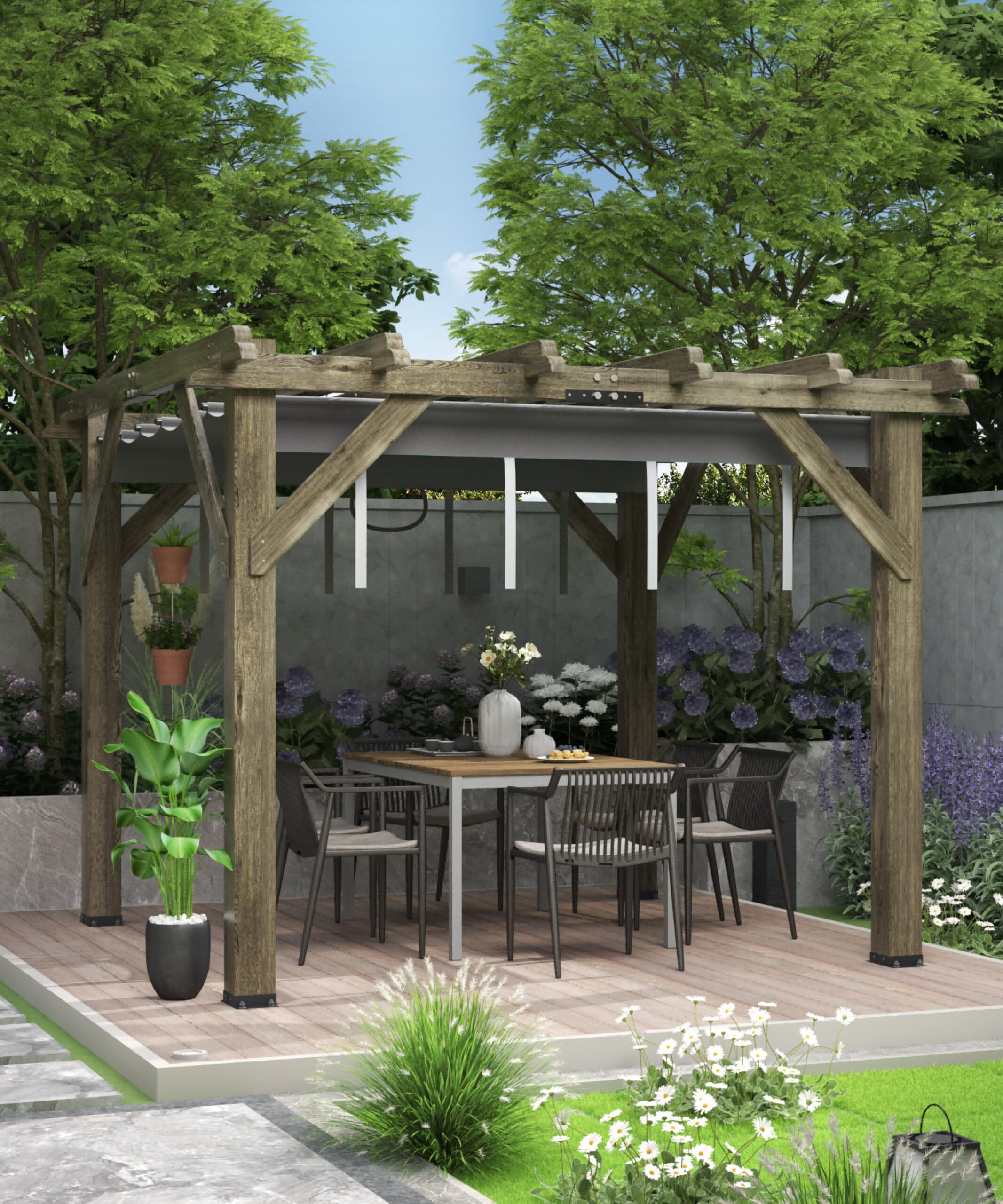 babevy Cedar Wood Pergola With Solid Structure, Retractable Shade ...