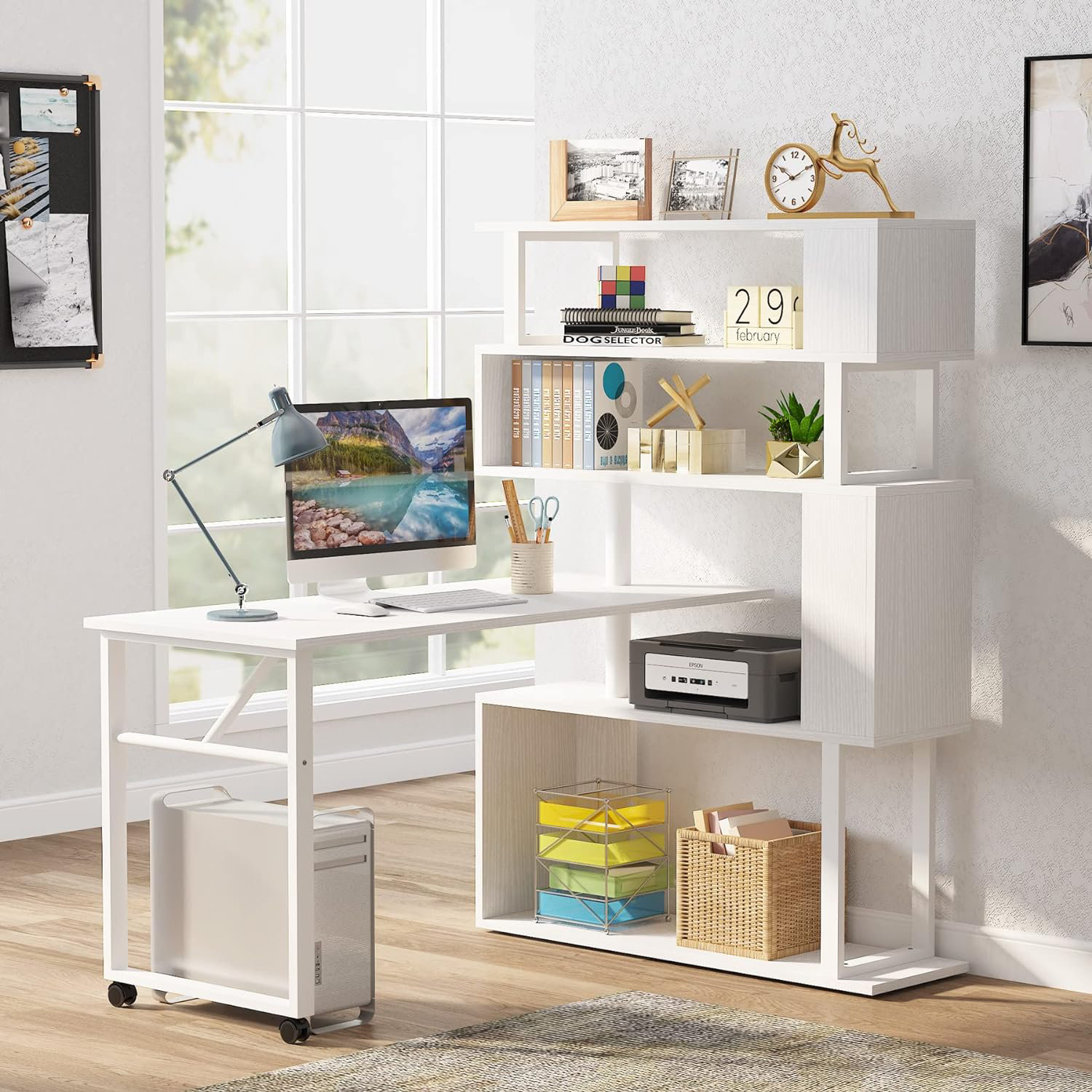 Ebern Designs Rotating Computer Desk With 5 Shelves Bookshelf | Wayfair