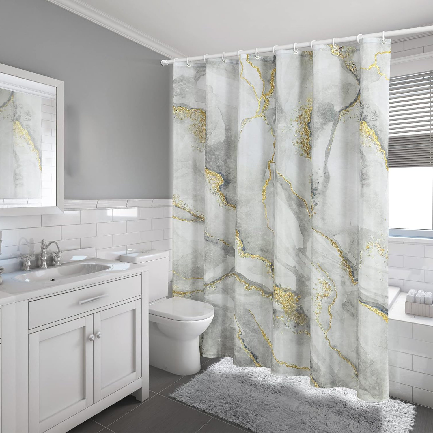 Ivy Bronx Grey Marble Shower Curtain Set,Abstract Luxury Grey White ...