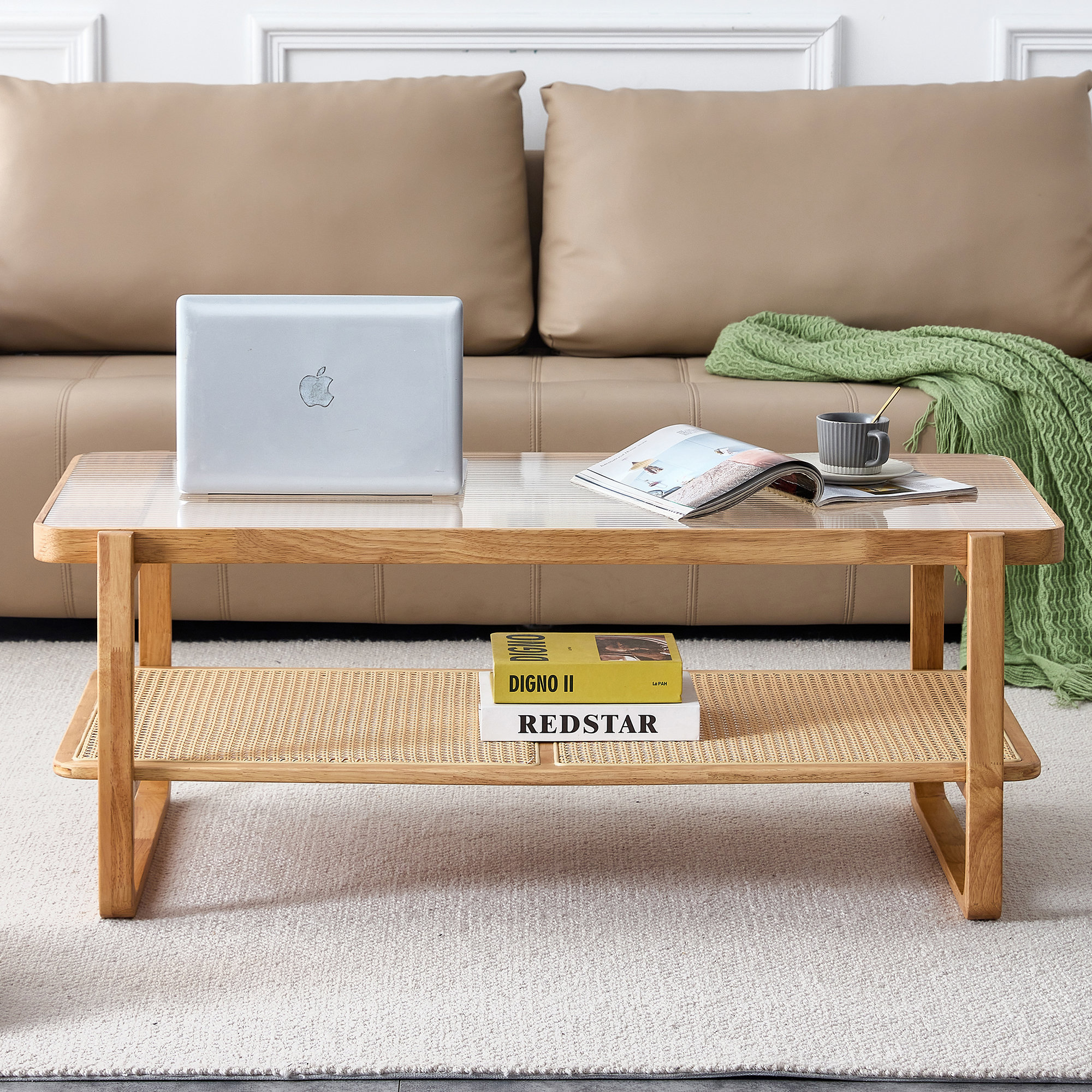 Bay Isle Home™ Walnut Solid Wood Coffee Table with Rattan Shelf, Glass ...