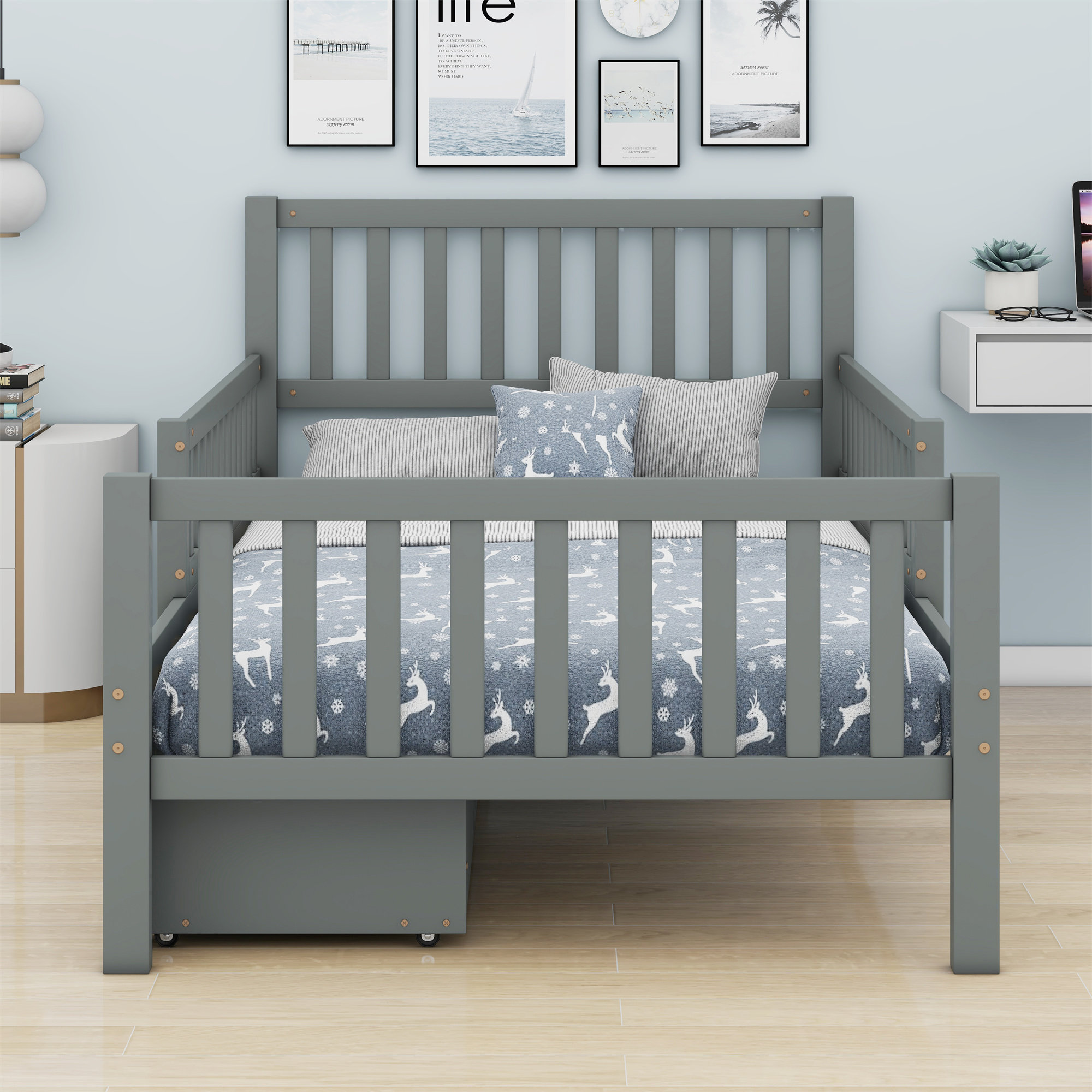 Lark Manor Lit plateforme en bois avec garde-corps des deux côtés et deux tiroirs de rangement ...