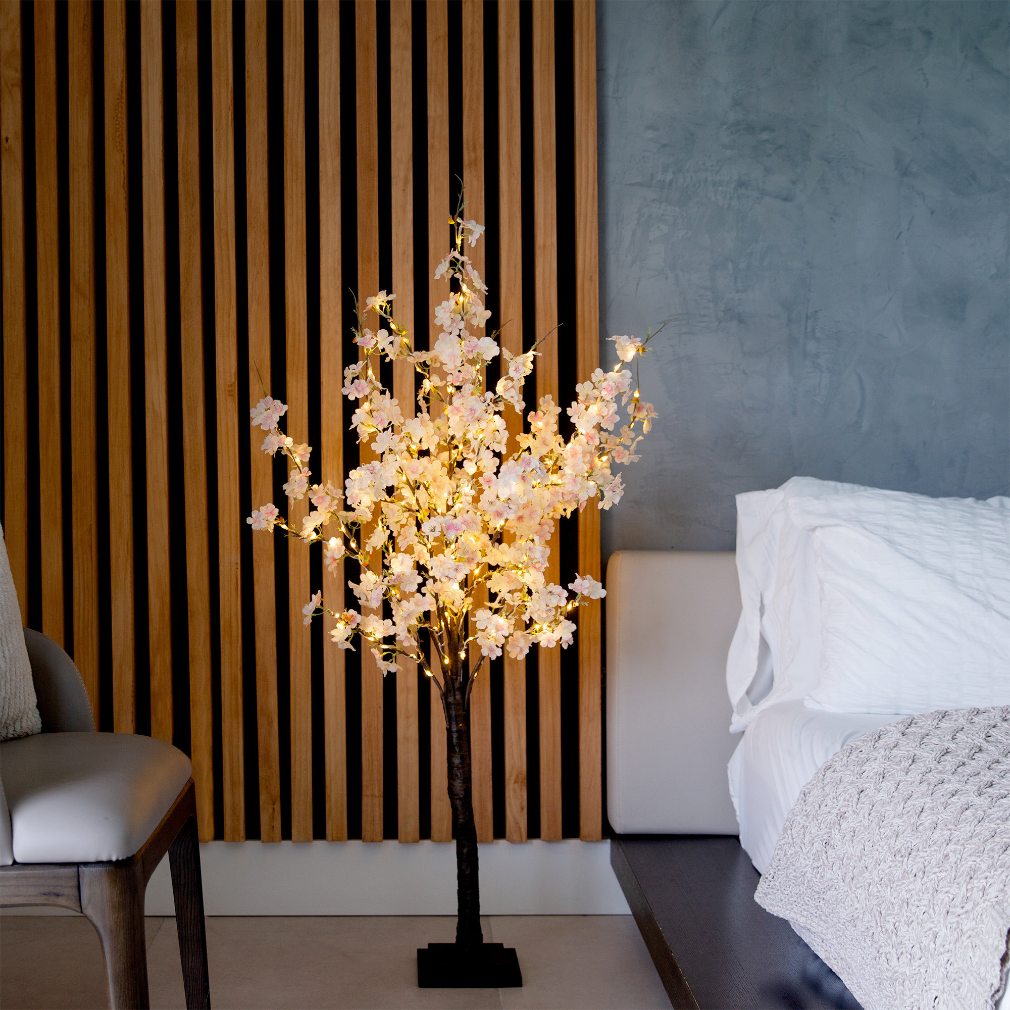 Ebern Designs 4ft. Lighted Artificial Cherry Blossom Tree with 210 Warm ...