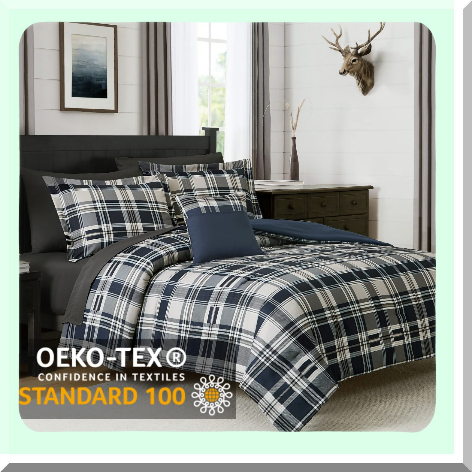 Gracie Oaks Navy Blue Plaid Comforter Set - 7 Piece Queen Bedding Set ...