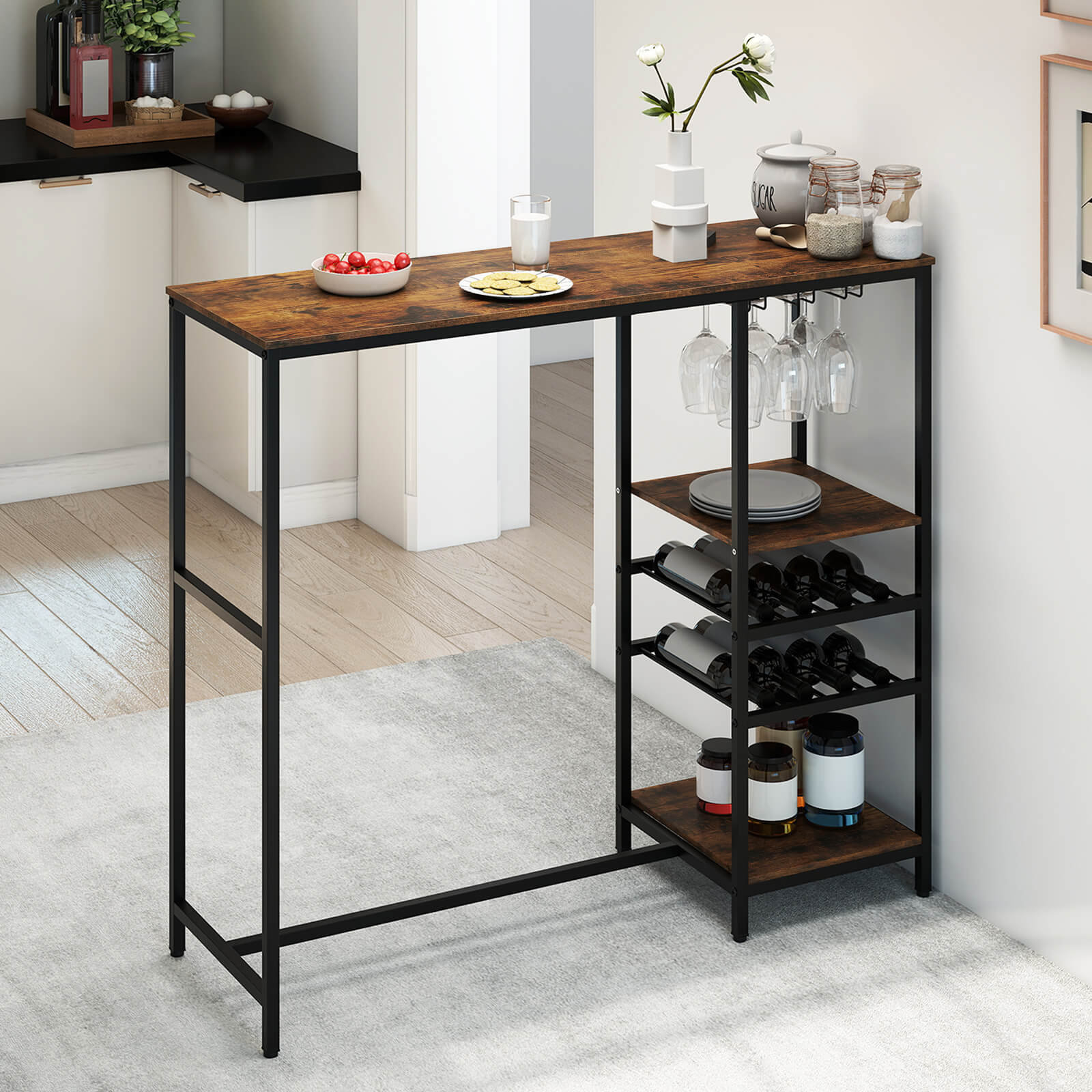 17 Stories 48" Long Bar Table with Storage Shelves Wine Racks ...
