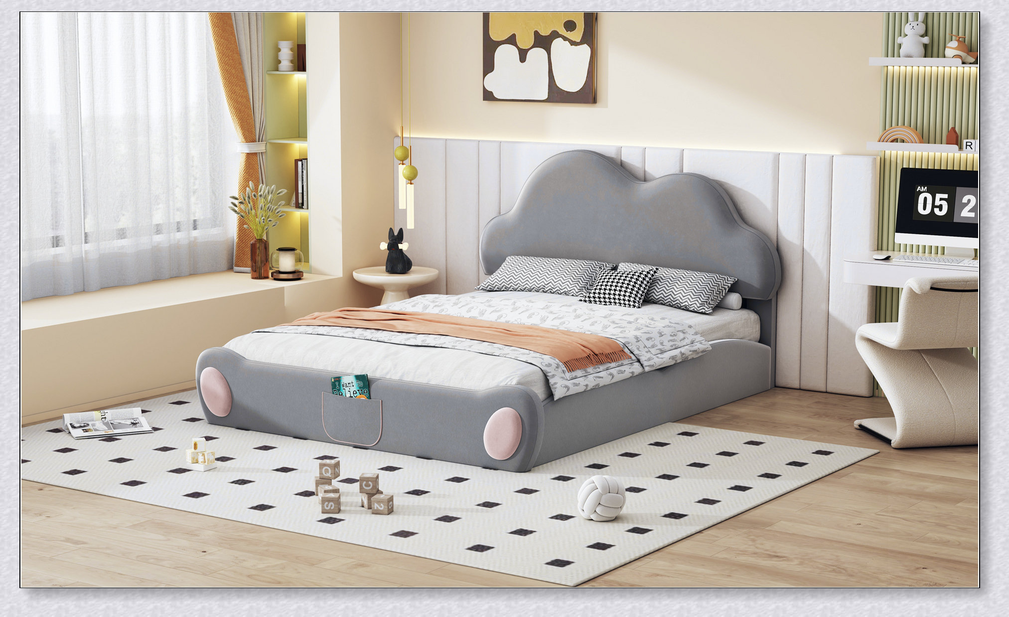 Mercer41 Queen Size Cloud-Shaped Headboard Upholstered Platform Bed ...
