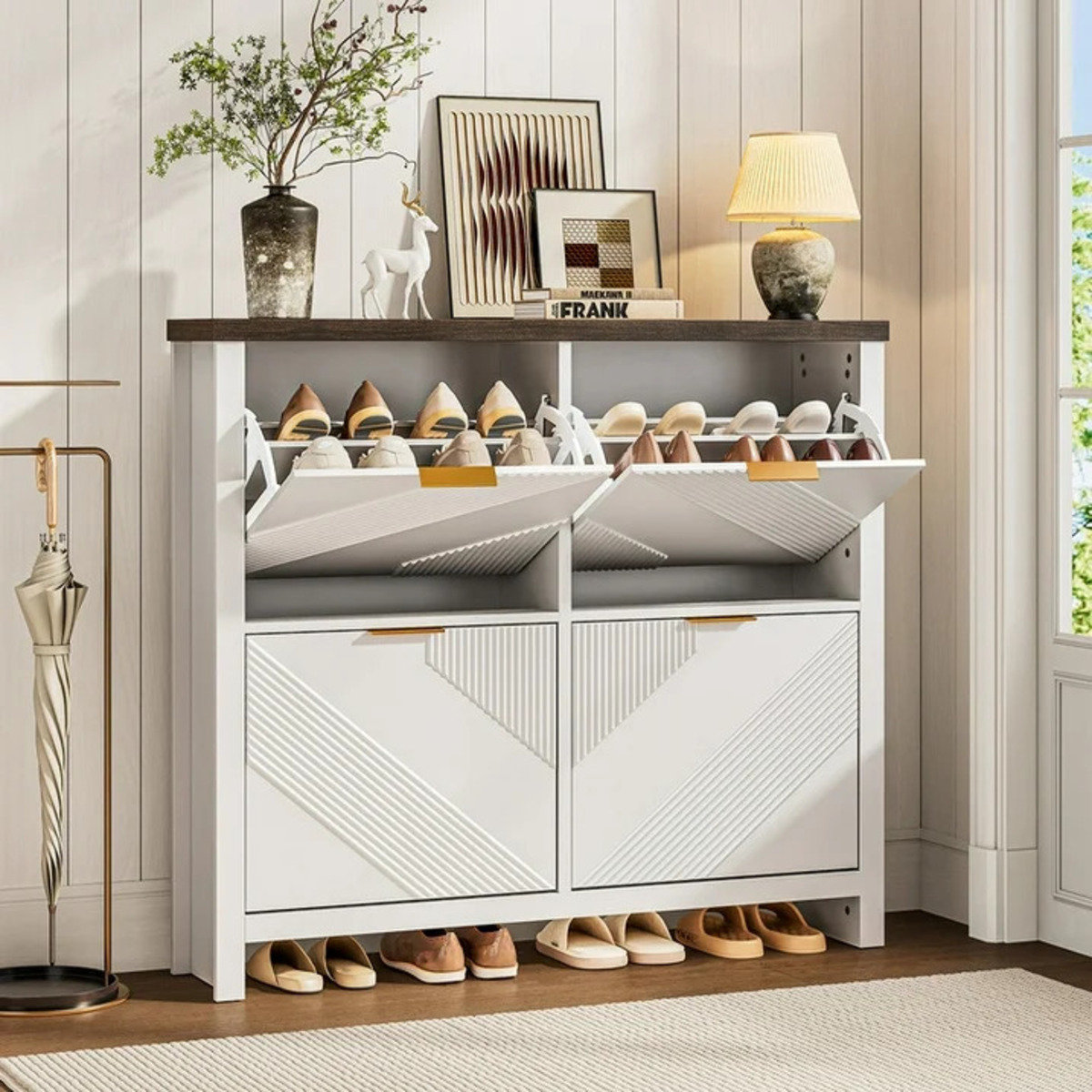 Rebrilliant Wooden Concealed Shoe Cabinet With 4 Flip-Top Drawers And ...