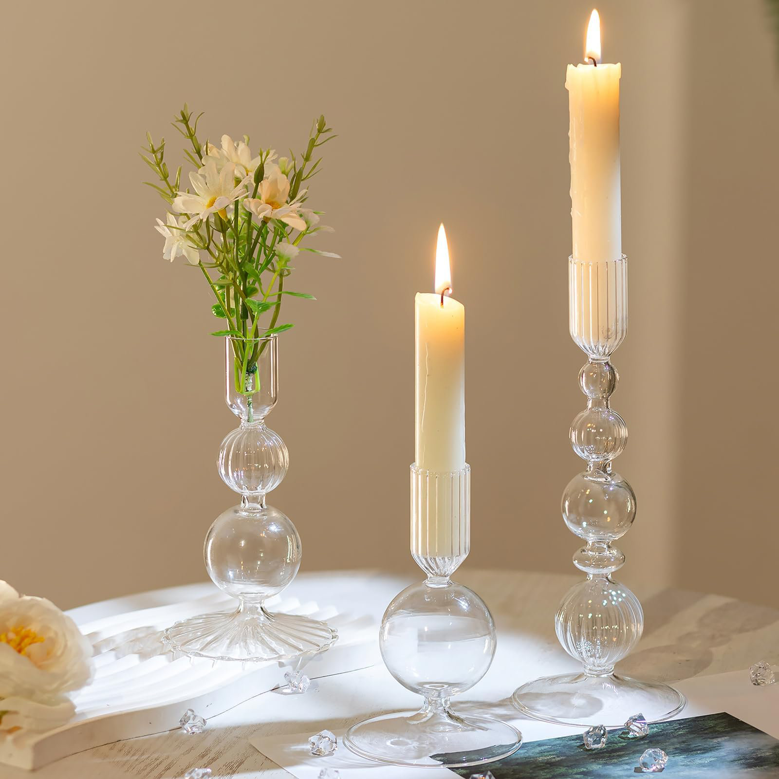 Ivy Bronx Glass Candlestick Holders Set: 3PCS Candle Holder Taper ...