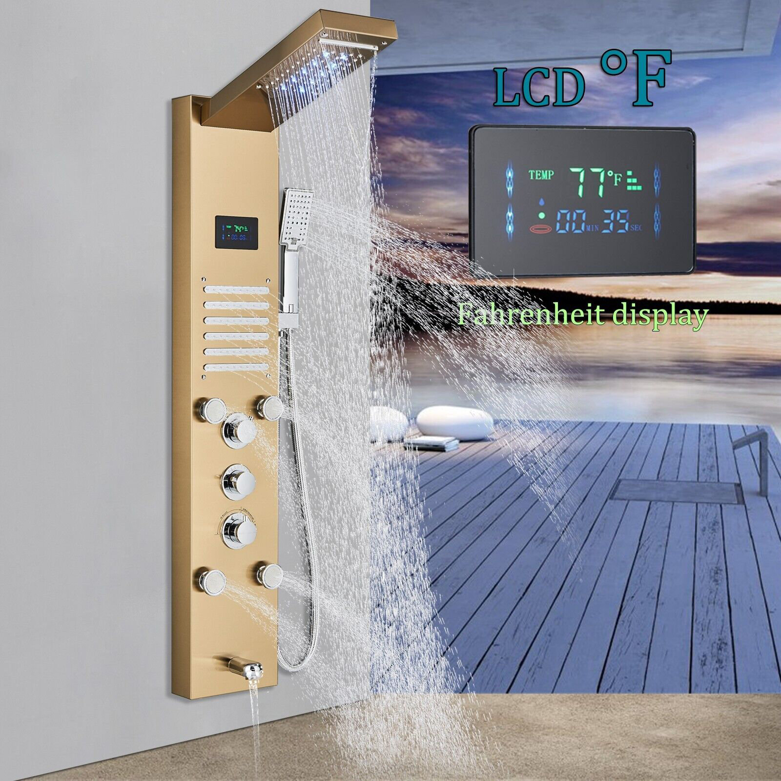 Nabiyy Brushed Gold LED Shower Panel Tower Rain Shower System Faucet ...