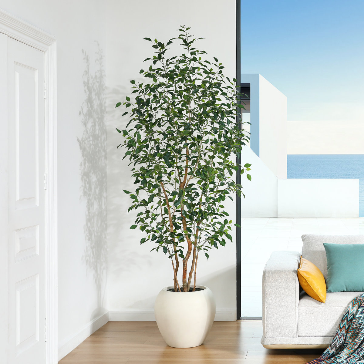 Primrue Adcock 8ft Artificial Ficus Tree with White Tall Planter, Faux ...