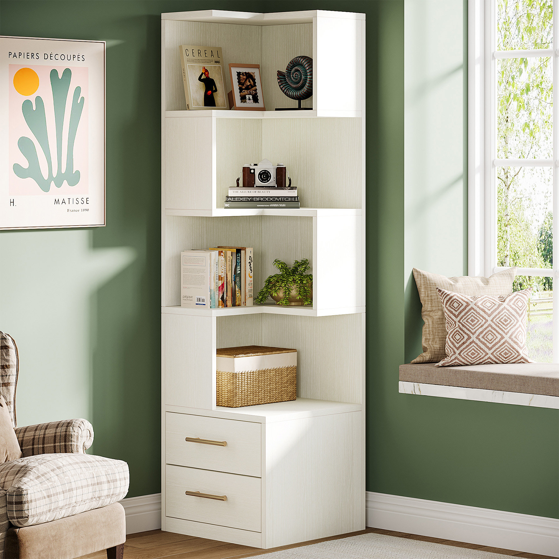 Mercer41 66.9" H Corner Bookcase With 5-Tier Shelf And 2 Drawers, L ...