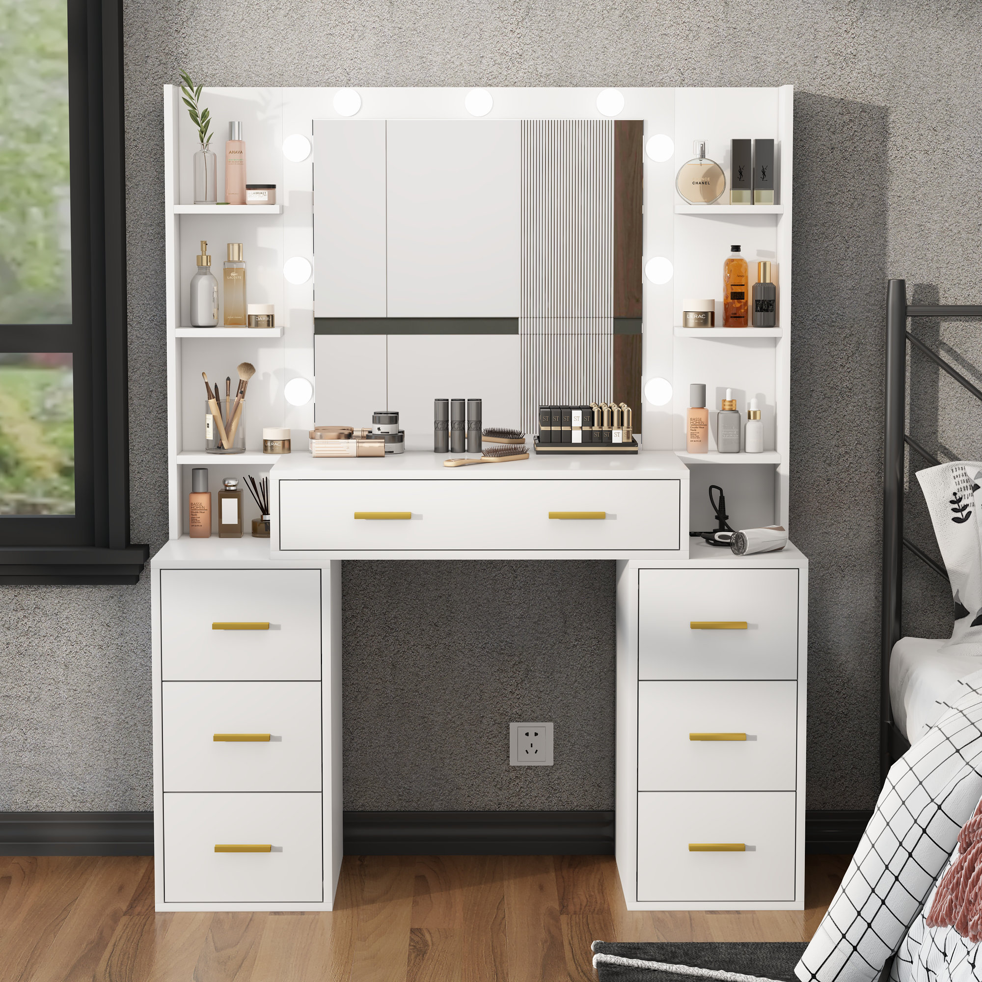 Everly Quinn Vanity Set with Lighted Mirror, 43'' Makeup Vanity with ...