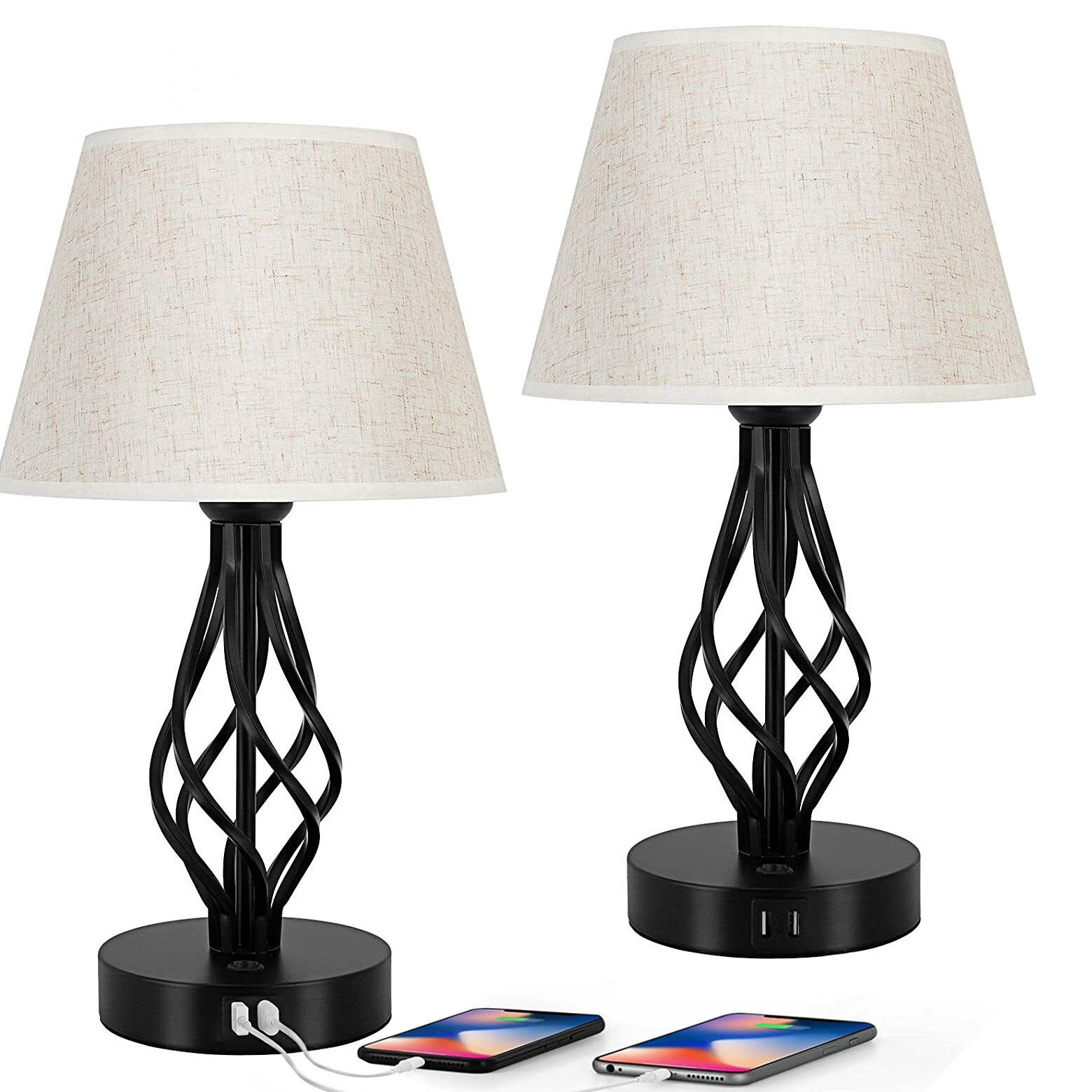 Everly Quinn Black Metal Bedside Table Lamp with Dual USB Ports ...