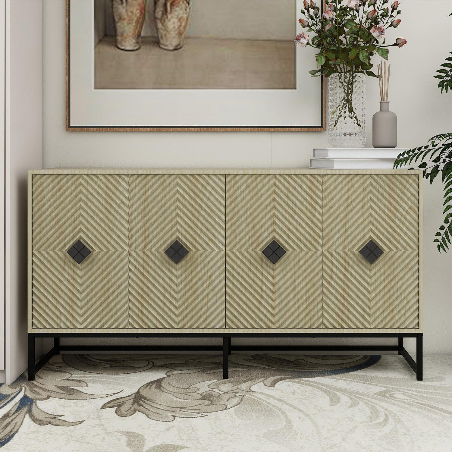 Ebern Designs Carved 4-door Modern Coffee Bar Buffet Cabinet, Including Storage Cabinets ...