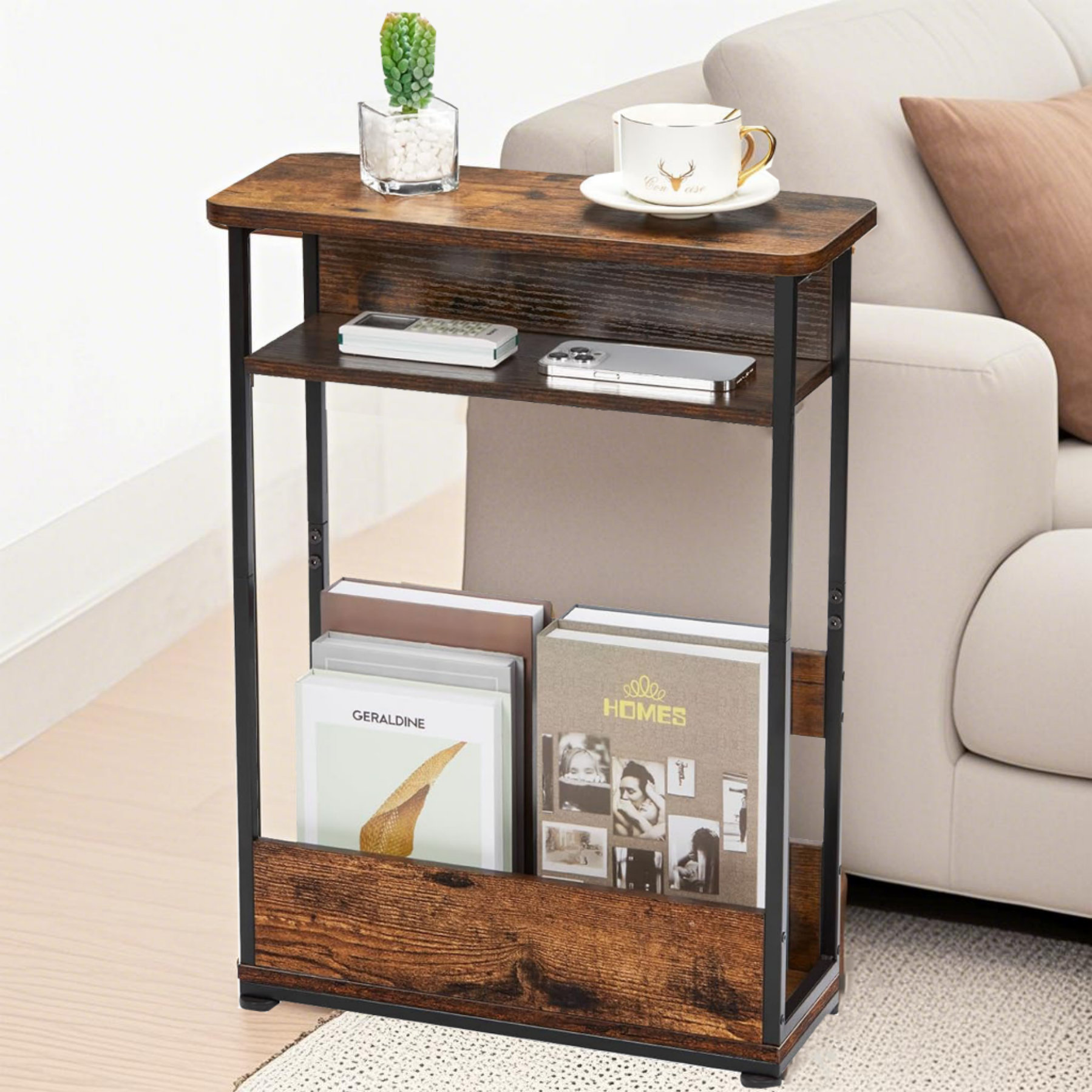 17 Stories 3-Tier Slim End Table With Storage Shelf For Small Spaces ...