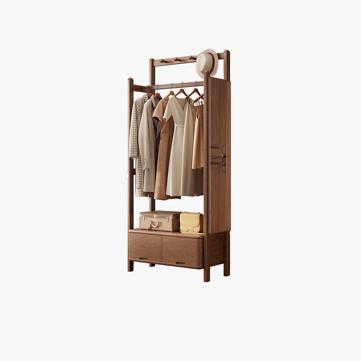 Rebrilliant Walnut Solid Wood Clothes Rack With HD Mirror | Wayfair