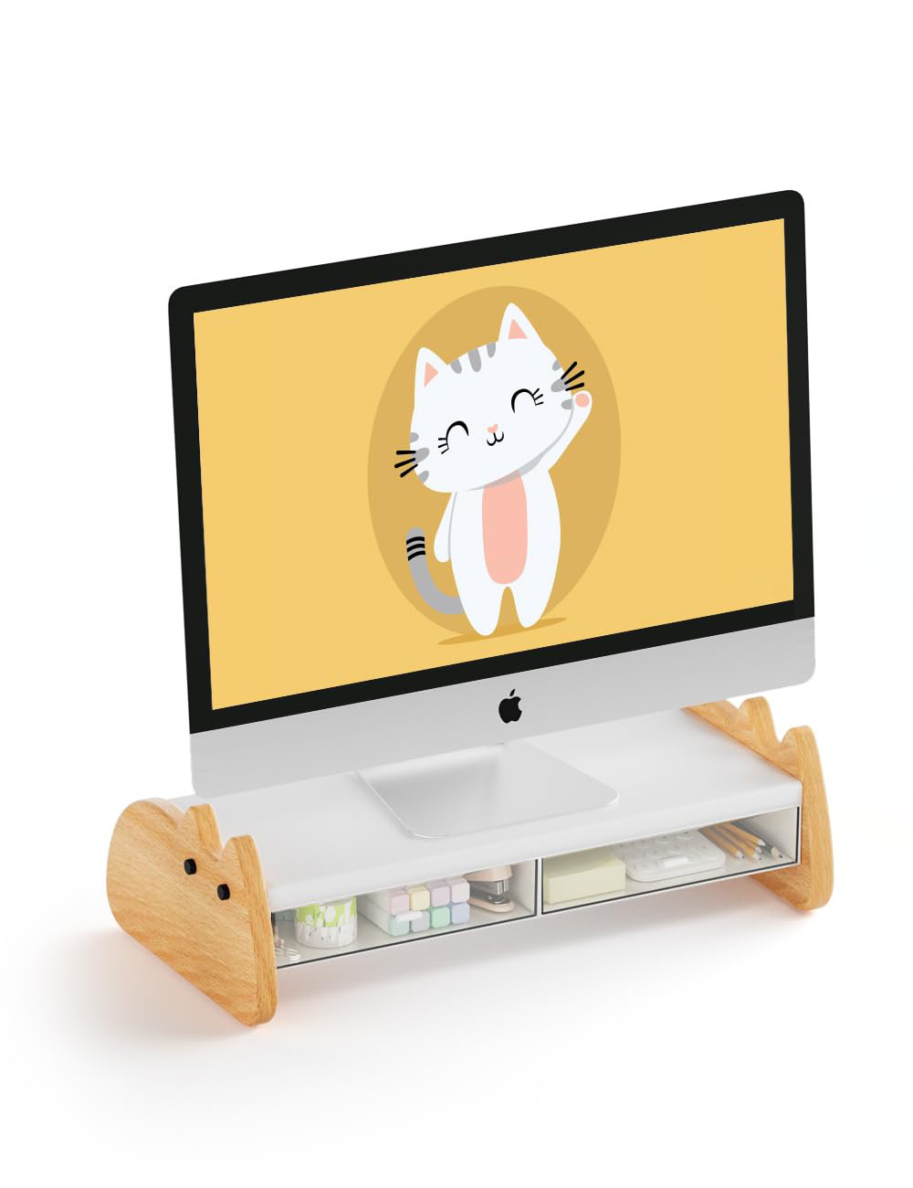 Inbox Zero Cute Cat Wooden Monitor Stand Riser With Drawers, 18.1 Inch ...
