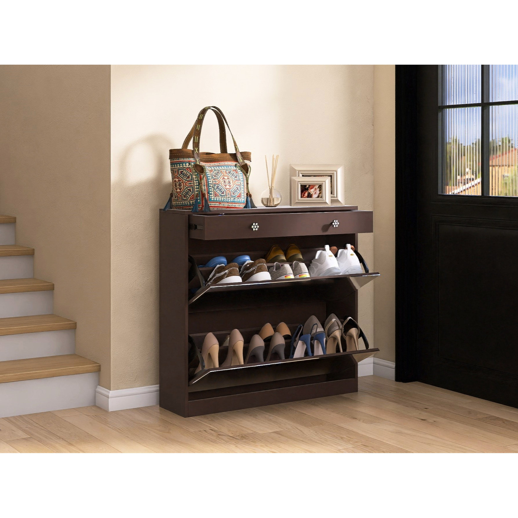 Ebern Designs Brown Finish Mirror Shoe Cabinet With 2 Tier Drawers And ...