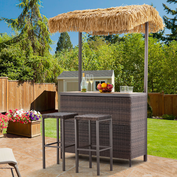 Bay Isle Home™ Outdoor Tiki Bar Set, Wicker Patio Bar w/2 Stools ...