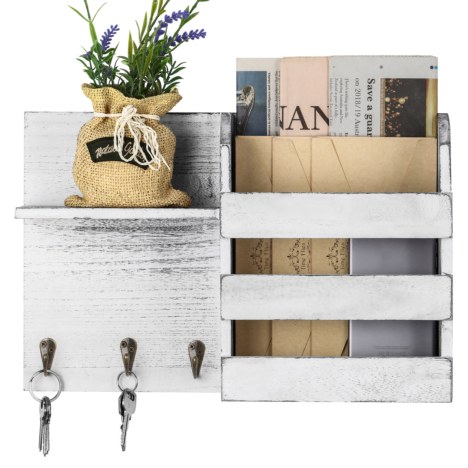 Gracie Oaks Wall Mounted Mail Sorter with 3 Key Hooks Mail Organizer ...