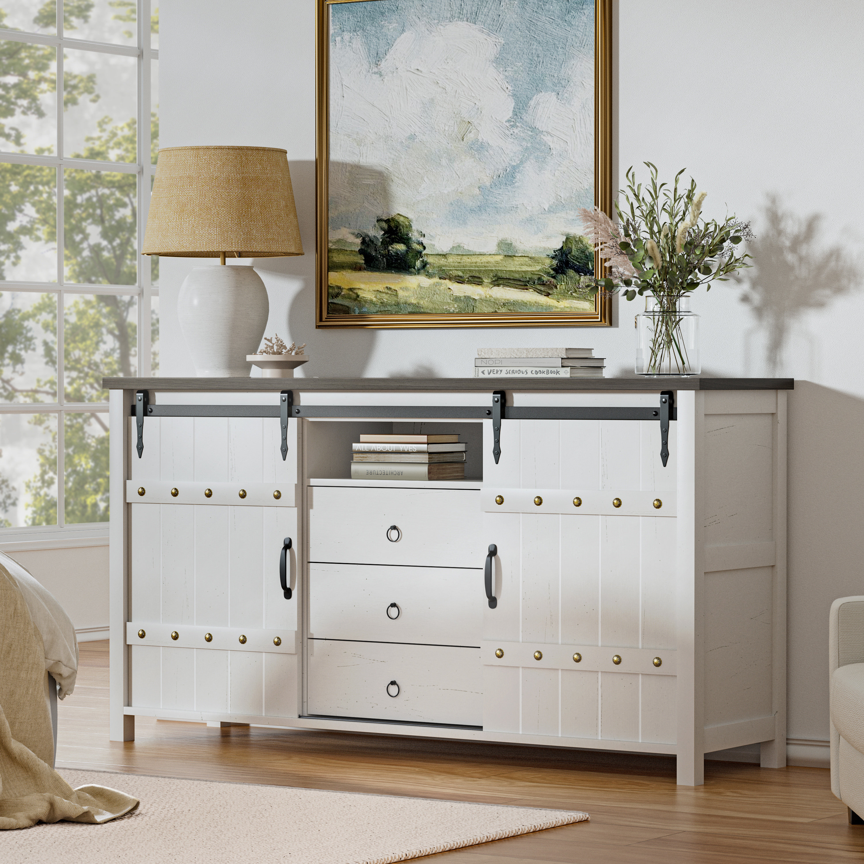 17 Stories Wynny Farmhouse Wood Long Dresser 59"W , 3 Drawer Sideboard ...