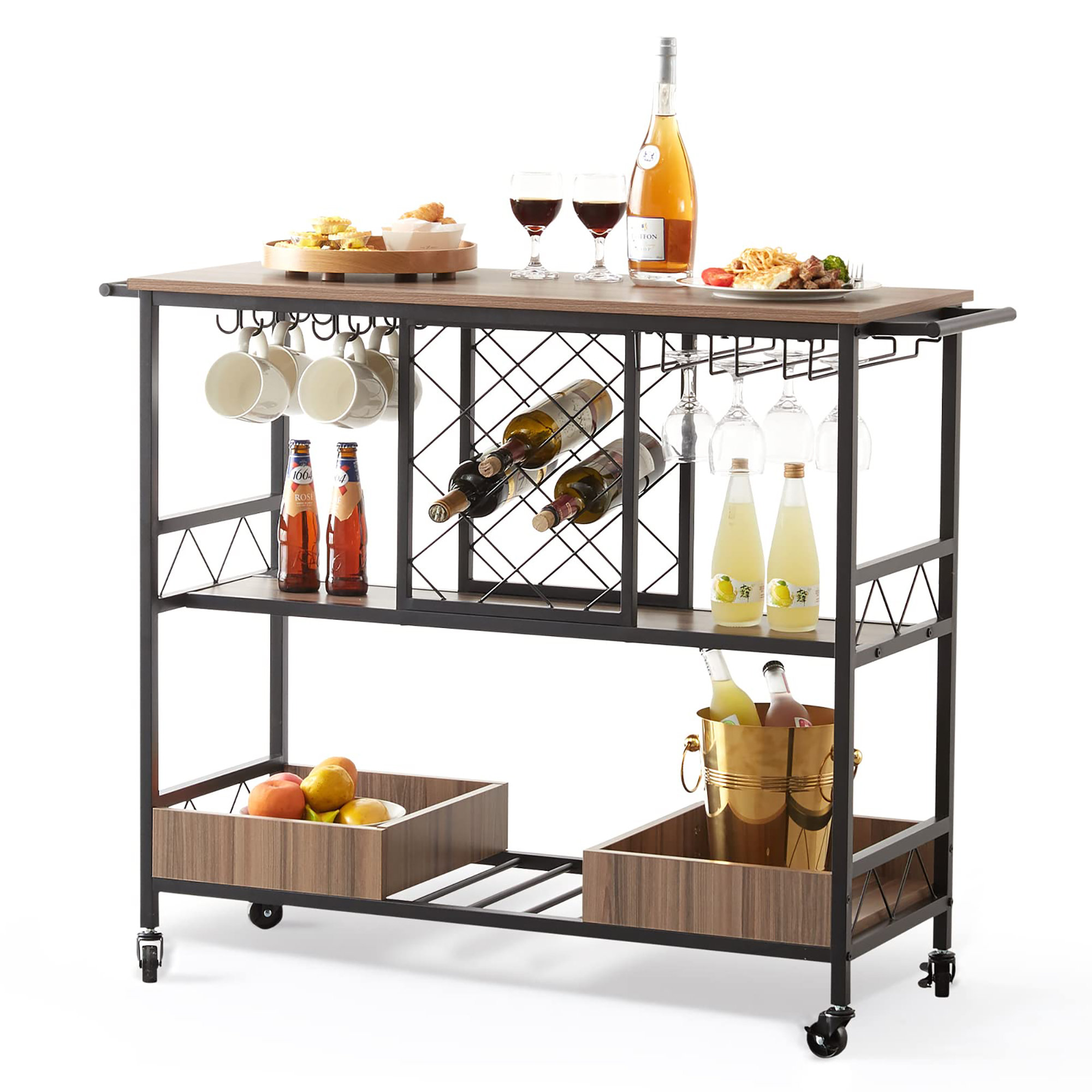 Ebern Designs 3-Tier Rolling Bar Cart with Lockable Wheels | Wayfair