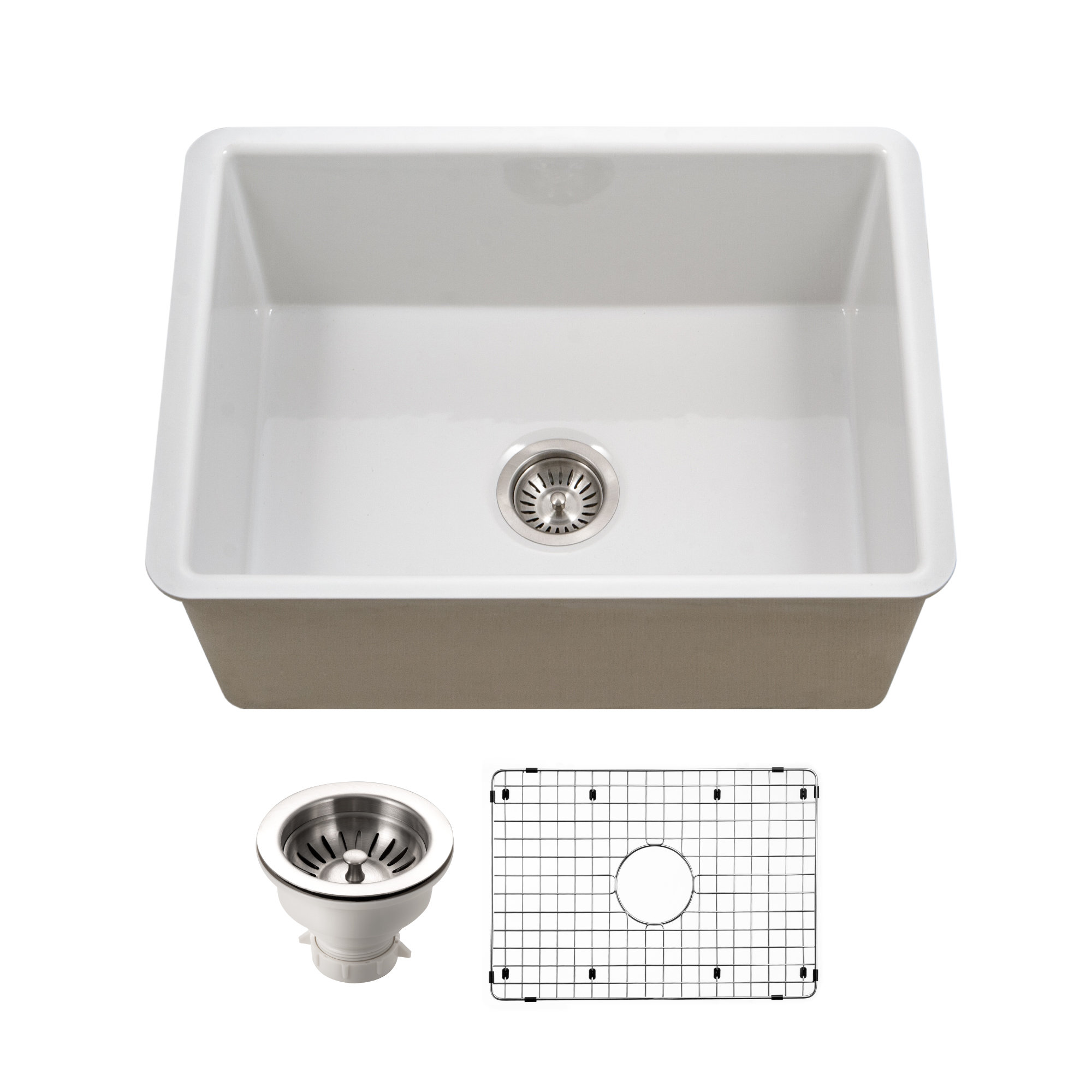 Houzer 26 in White Fireclay Undermount Single Bowl Kitchen Sink w ...