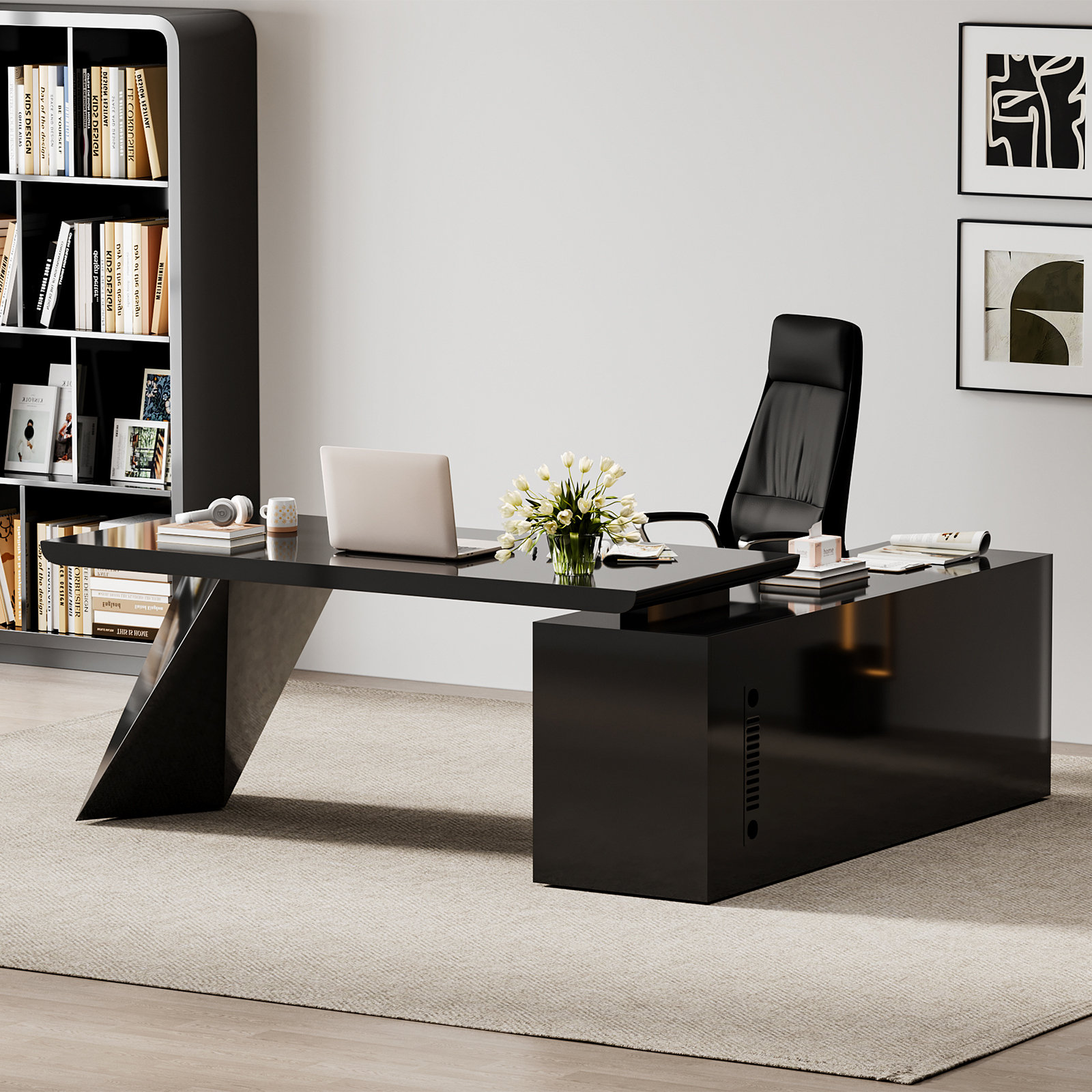 Homary Modern L-Shape Executive Office Desk Drawers & Cabinet Right ...