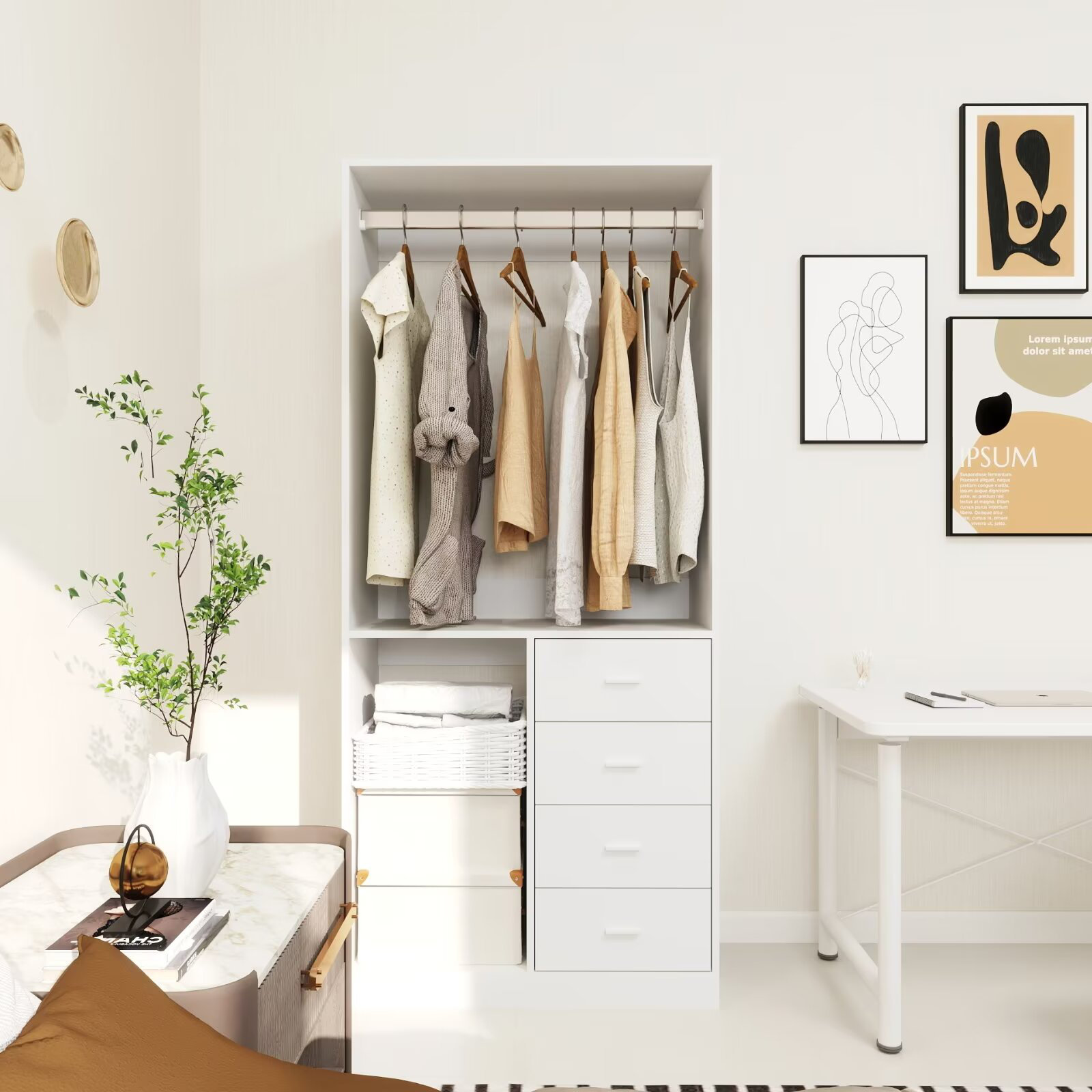 Hokku Designs White Manufactured Wood Walk in Wardrobe Armoire Closet ...